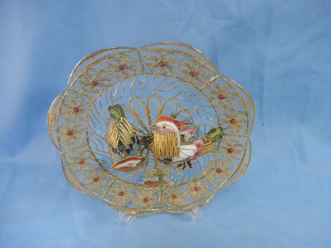 Vintage chinoiserie copper filigree plate with pair mandarin ducks hand ...