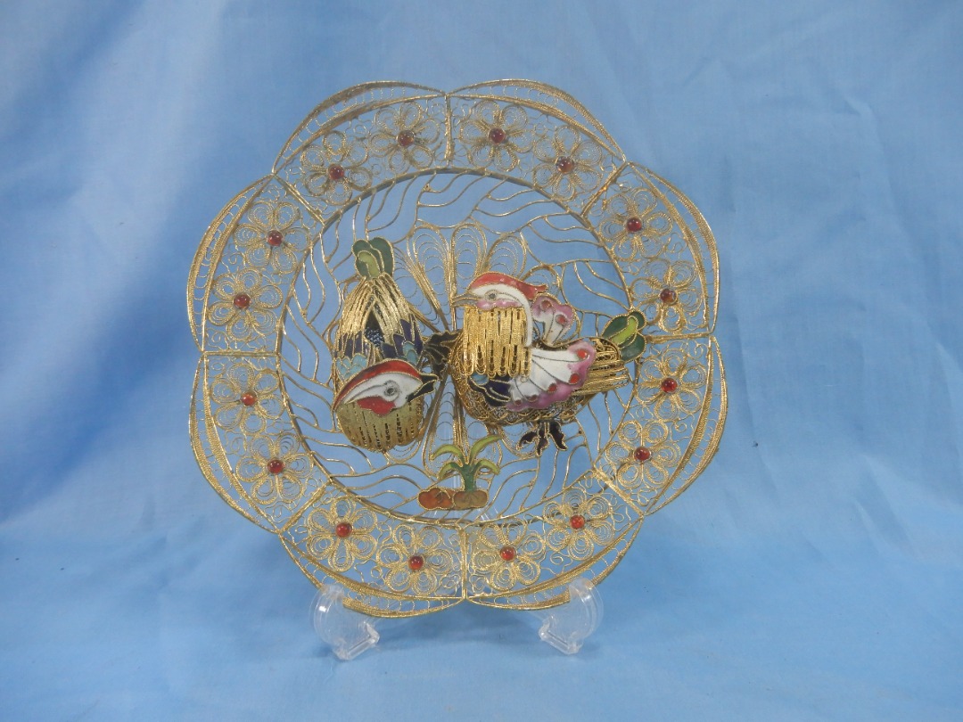 Vintage chinoiserie copper filigree plate with pair mandarin ducks hand ...
