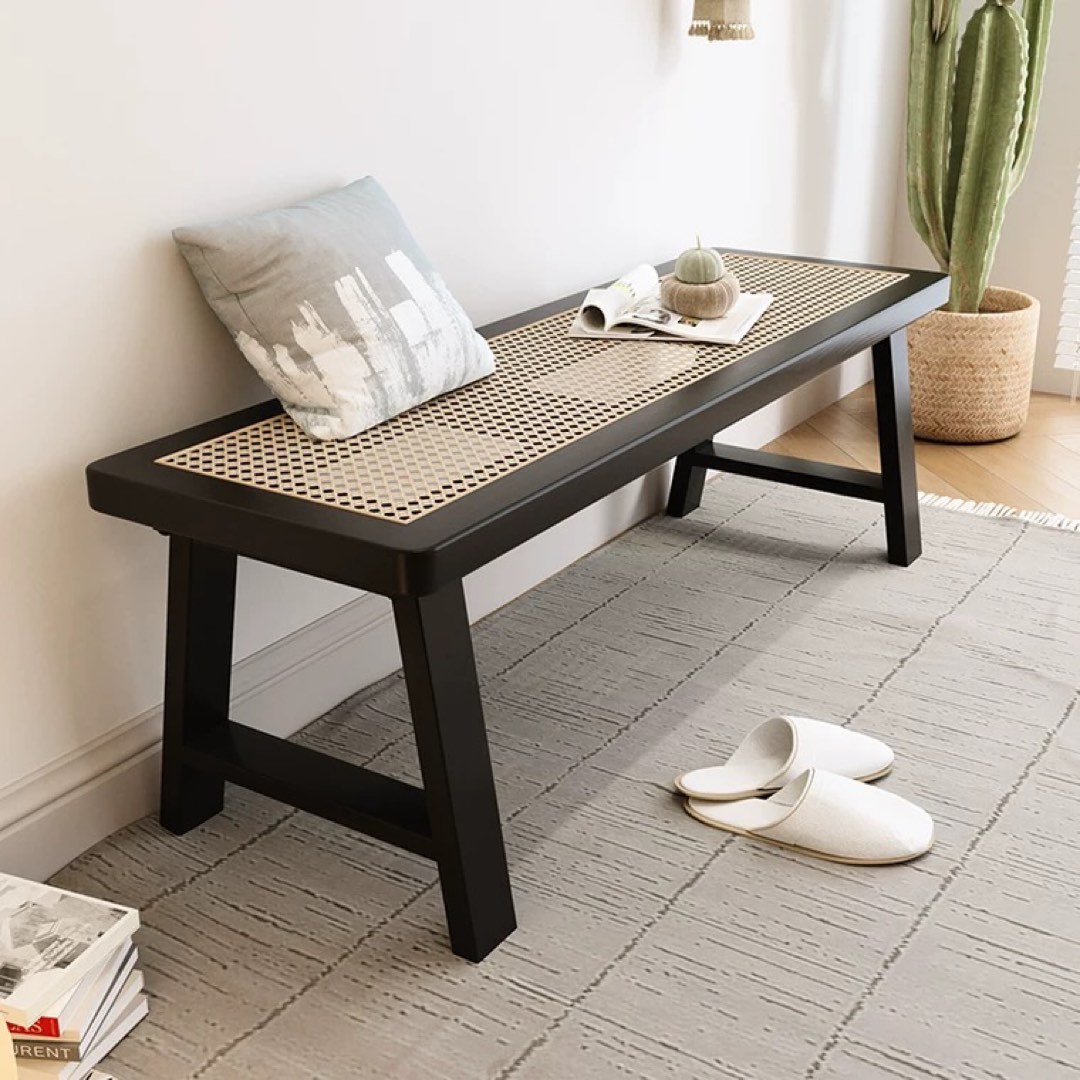 Rattan Bench Shoe Foyer Bed end Balcony Wooden Bench Rattan Weave Wabi ...