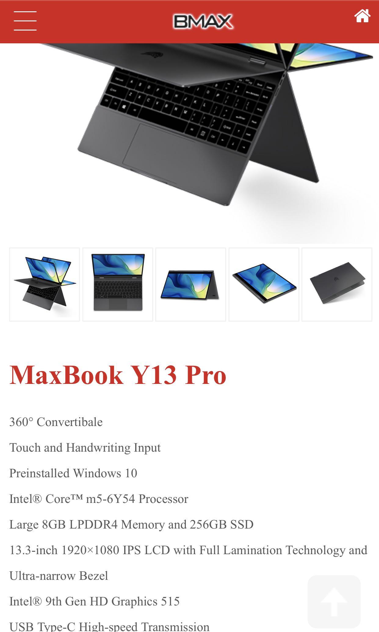 BMAX MAXBOOK Y13 PRO / 360 CONVERTIBLE TOUCHSCREEN / INTEL CORE M5-6Y54 PROCESSOR / 8GB RAM ...