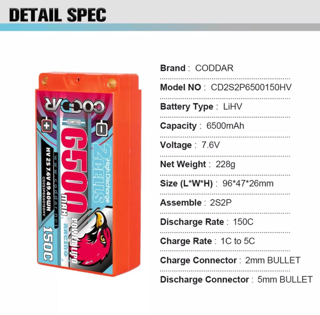 Coddar 6500/150C 2s 5mm Bullet Lipo Shorty. Not Gaoneng LRP Nosram ...