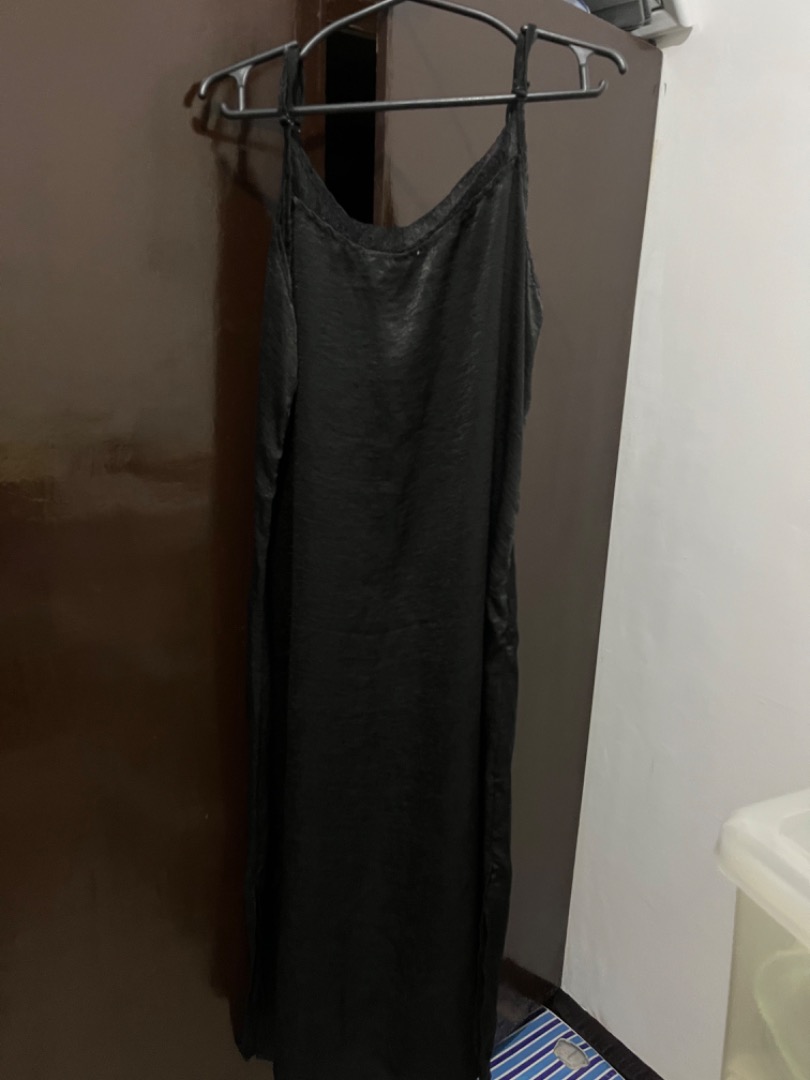 Cotton On black satin slip dress with slit, Women's Fashion, Dresses ...