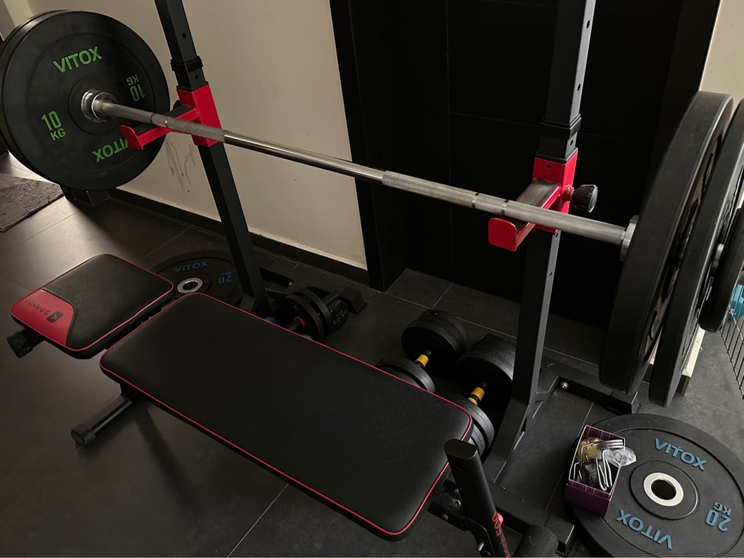 Home gym setup, rack, bar and bench, Sports Equipment, Exercise ...