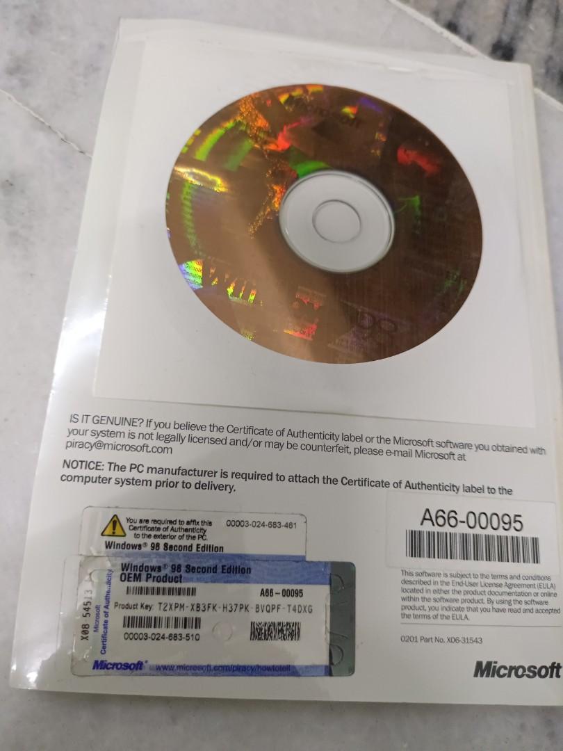 Microsoft Windows 98 Second Edition Genuine License, Computers & Tech ...