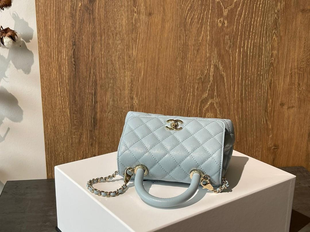 New Chanel Coco Mini Top Handle in Baby Blue (Cavier Leather), Luxury ...