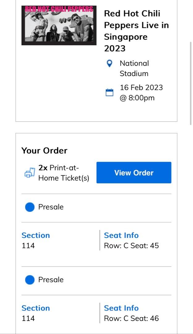 Red Hot Chili Peppers Live in Singapore 2023 x 2 tickets, Tickets ...