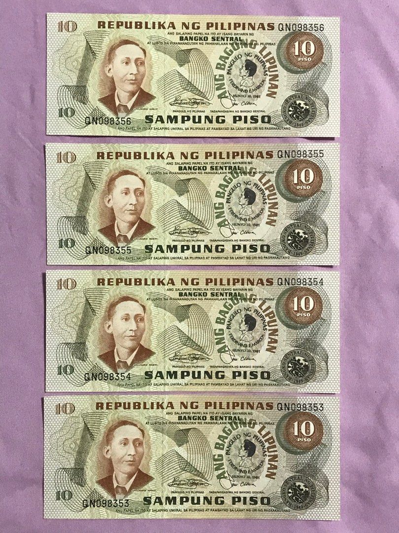 10 piso Old Philippines Backnote consecutive serial, Hobbies & Toys ...