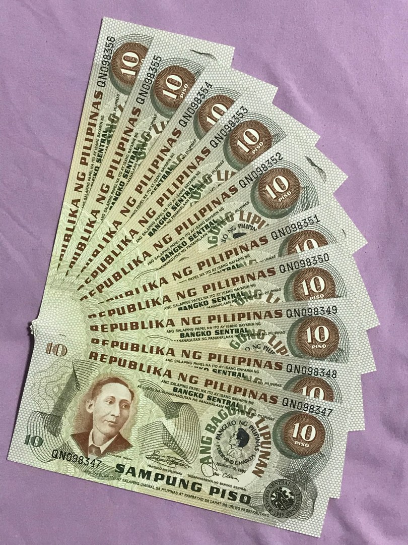 10 piso Old Philippines Backnote consecutive serial, Hobbies & Toys ...
