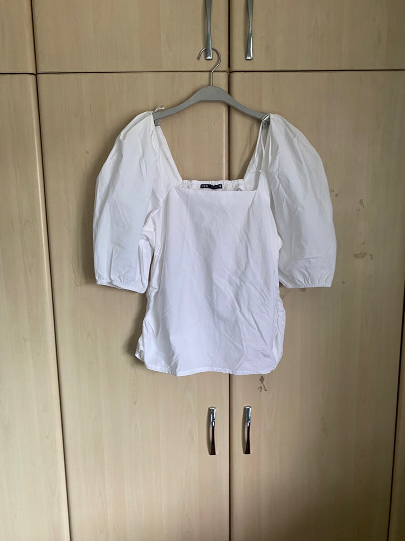 AUTH ZARA VERY WHITE NICE MATERIAL PUFF SLEEVES SEXY SQUARE NECK TOP ...