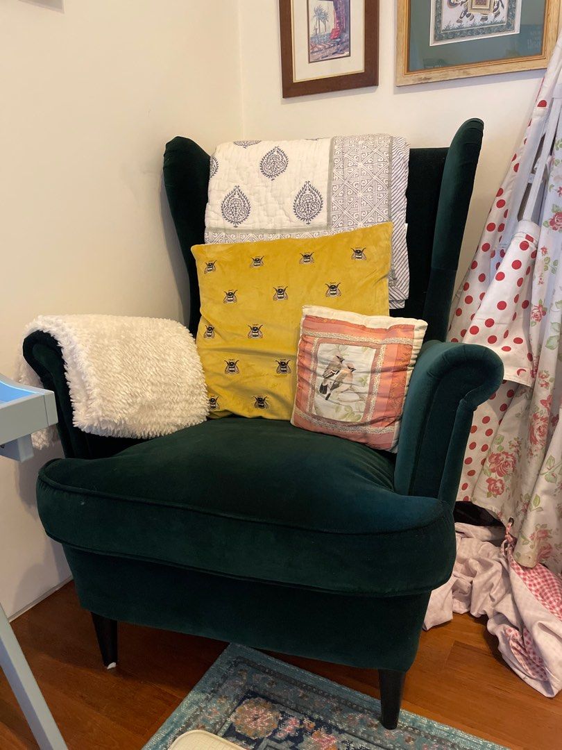 IKEA Strandmon dark green velvet armchair, Furniture & Home Living ...
