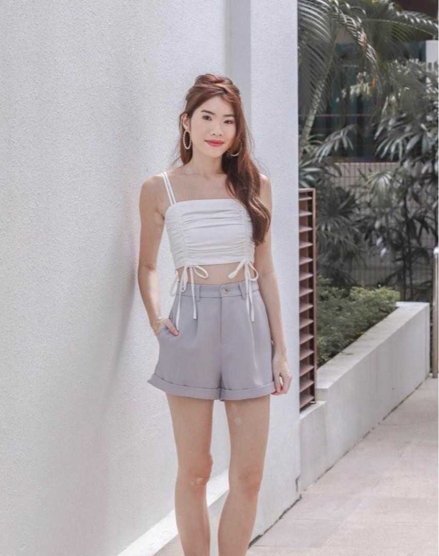 Mikayla Hashy Ruche Crop Top - White, Women's Fashion, Tops, Sleeveless on Carousell