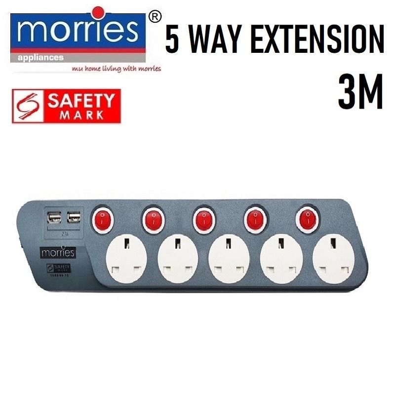 Morries 3 / 4 / 5 Way Power Extension Socket with 2 USB Ports 2.1A ...