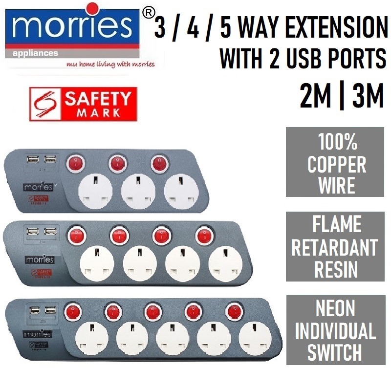 Morries 3 / 4 / 5 Way Power Extension Socket with 2 USB Ports 2.1A ...