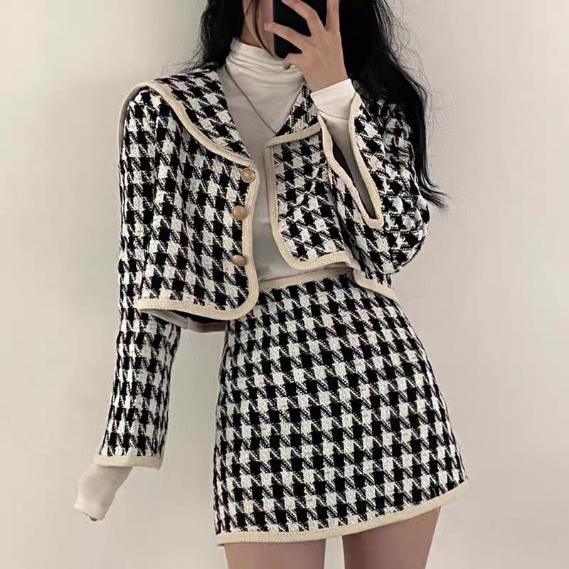 Houndstooth Jacket & Skirt Set, Women's Fashion, Dresses & Sets, Sets ...