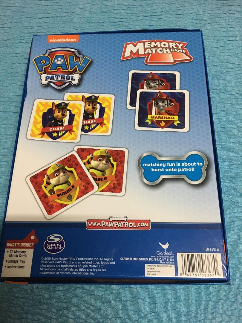 Paw Patrol Memory Matching Game, Hobbies & Toys, Toys & Games on Carousell