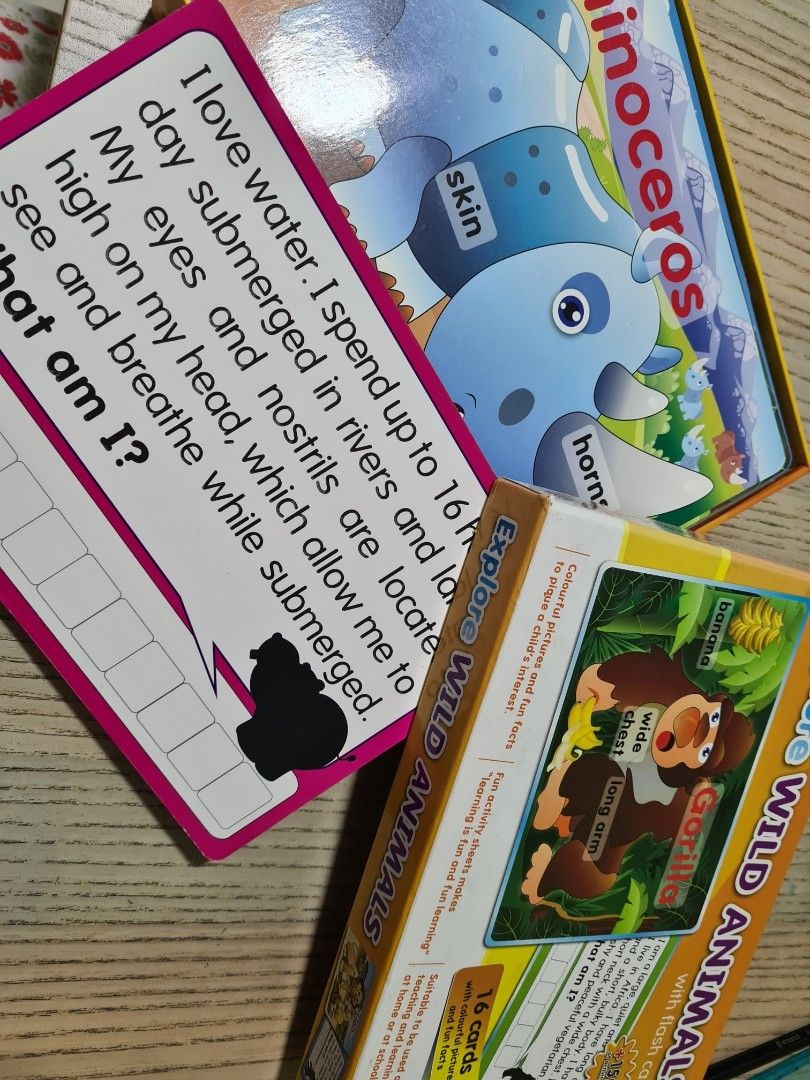 Three items: Stackers, riddle flashcards on wild animals and ...