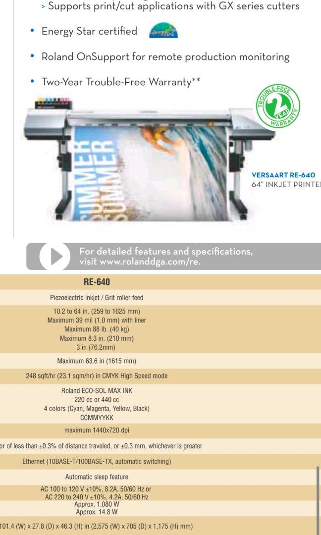 ROLAND VersaArt RE-640 64" Eco-Solvent Inkjet Printer, Computers & Tech ...