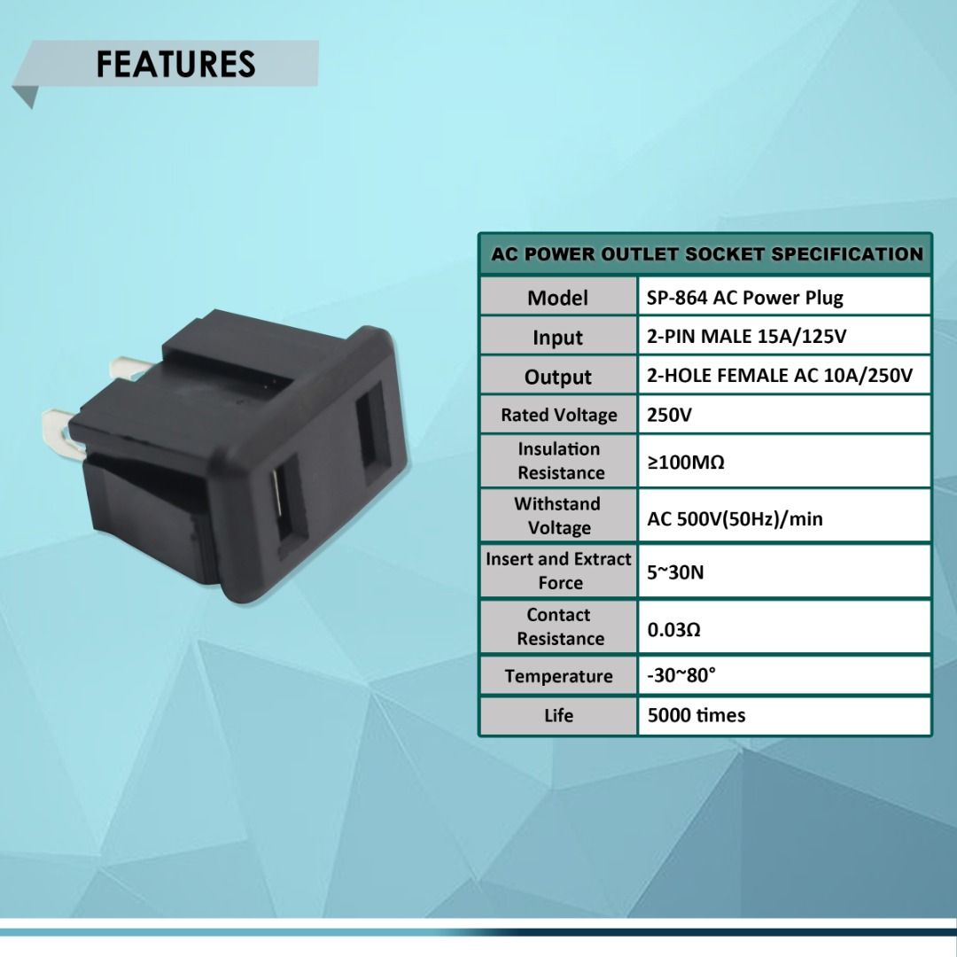 AC POWER OUTLET SOCKET SP-864, US POWER TYPE, 2-HOLE FEMALE AC 10A/250V ...