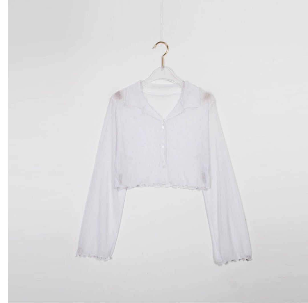Codibook Binary01 see through cropped cardigan in white, Women's Fashion, Tops, Blouses on Carousell