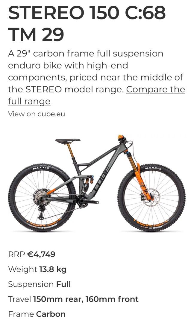 MTB CUBE Stereo (Carbon) 150 TM C68 29ner (Full Suspension), Sports ...