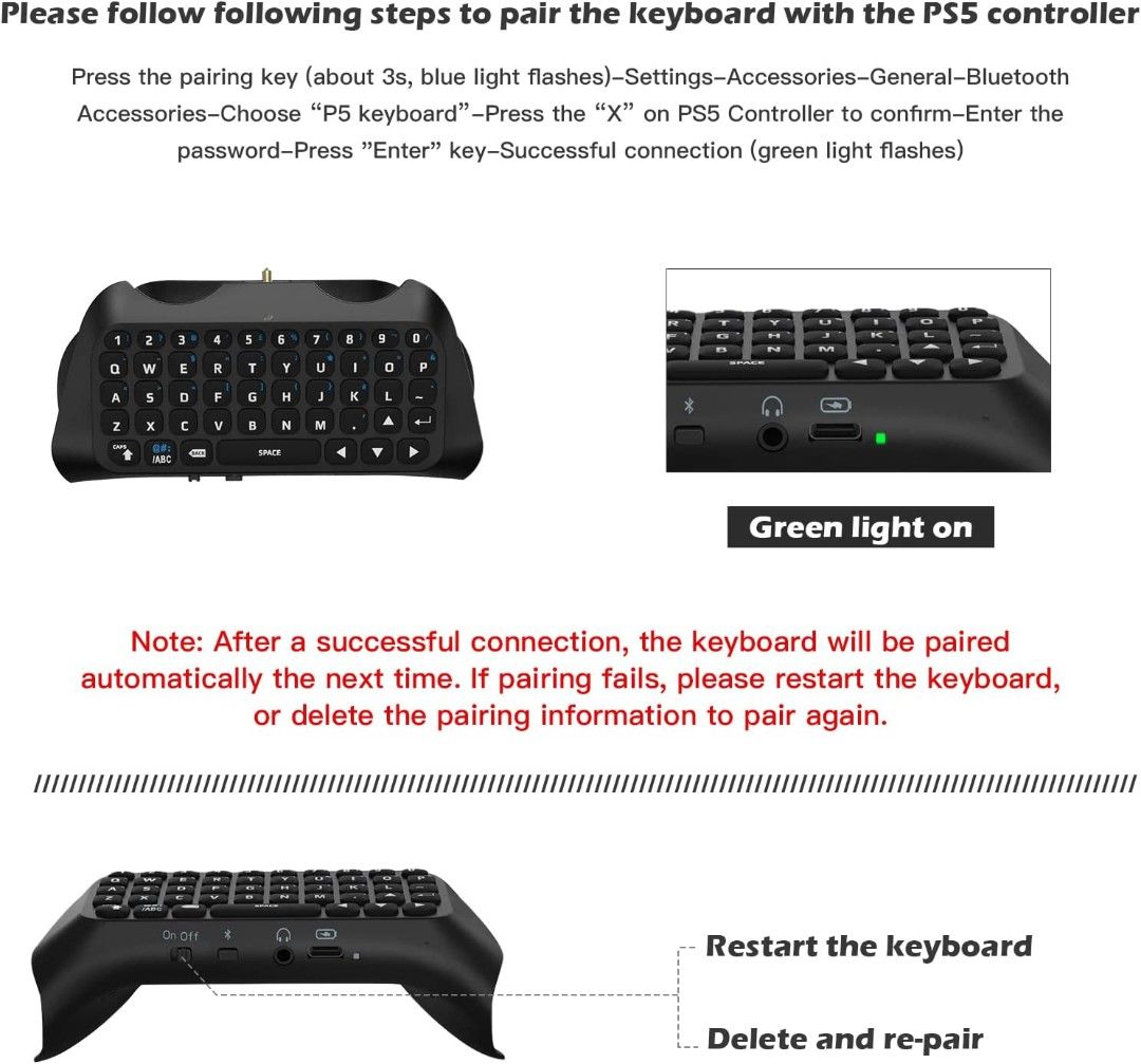 TiMOVO Keyboard for PS5 Controller, Wireless Bluetooth Keypad Chatpad ...
