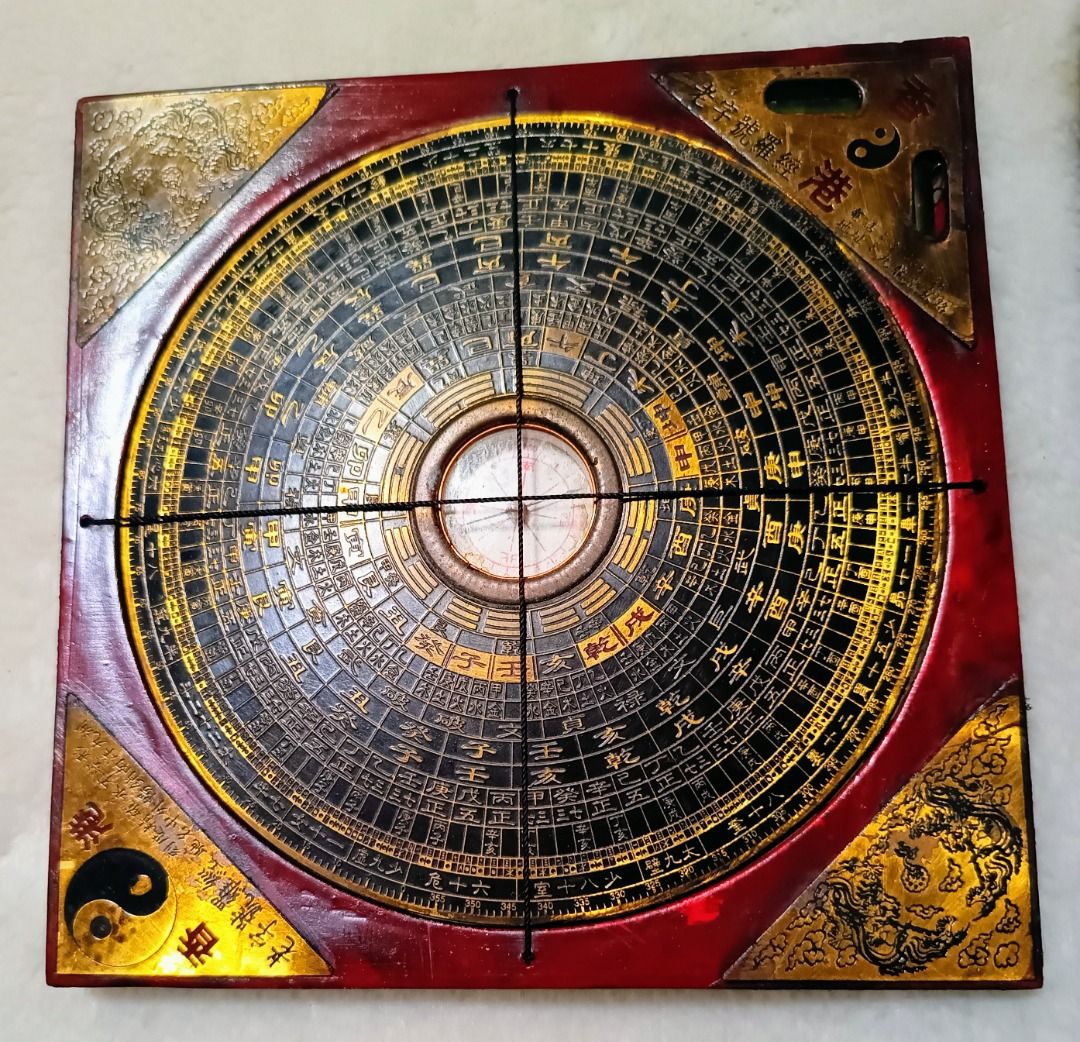 Antique Feng Shui Compass Geomancy Compass in Leather Case with Dragon ...