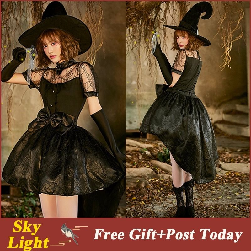 Black Sexy Mesh Hollow Witch Costume Halloween Party Wear Adult Fantasy Carnival Performance ...