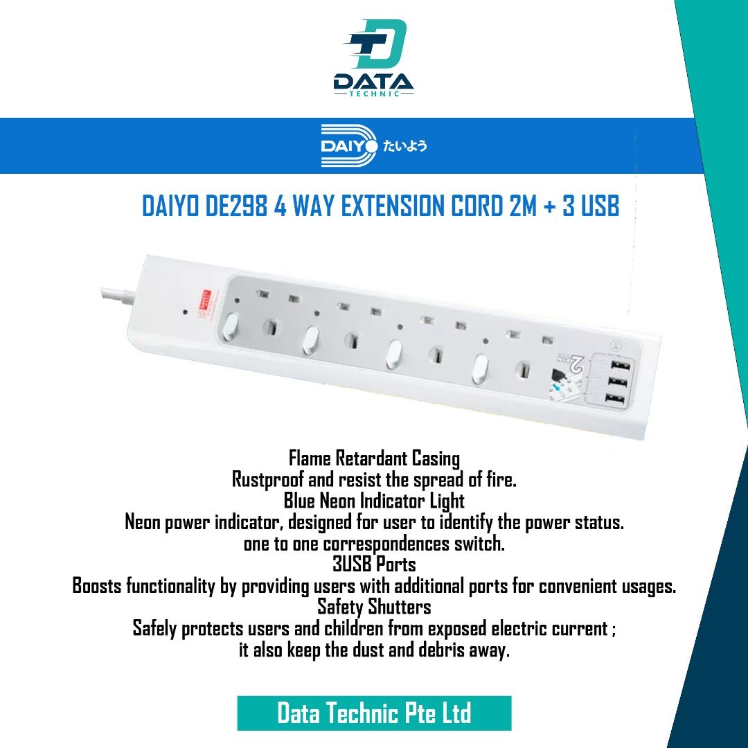 DAIYO DE298 4 WAY EXTENSION CORD 2M + 3 USB, TV & Home Appliances ...