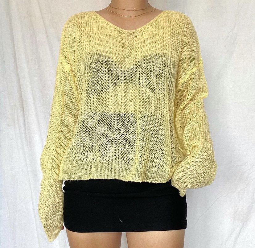 Light knit see through yellow sweater-beach cover up, Women's Fashion ...