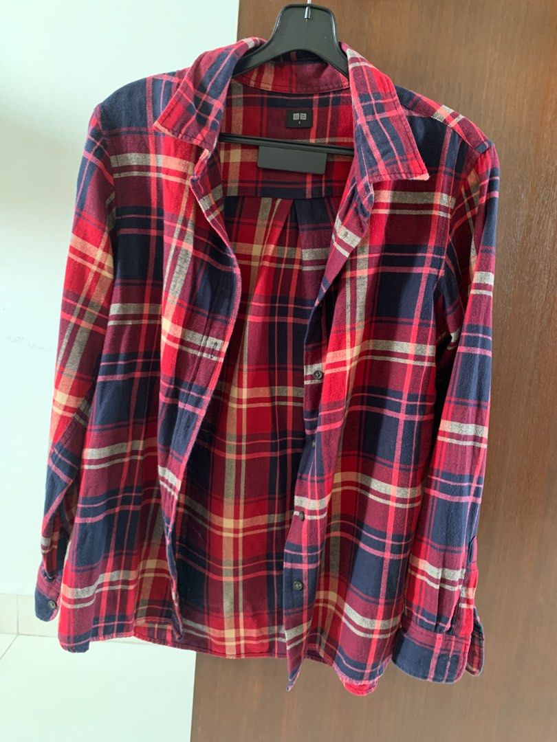 Red checkered flannel shirt jacket Uniqlo, Women's Fashion, Coats ...