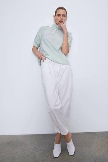 ZARA Pearls Contrast High Neck Light Greet Blouse with Puff Sleeves ...