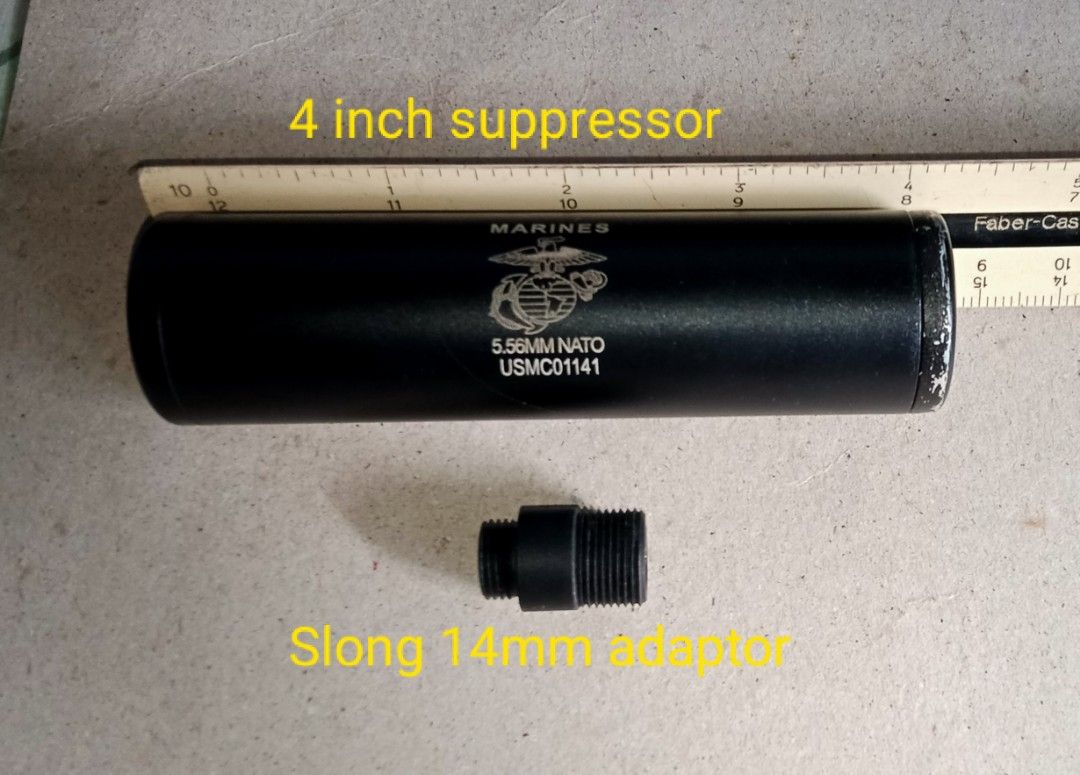 4inch suppressor for gbb pistol and Slong 14mm adaptor., Hobbies & Toys ...