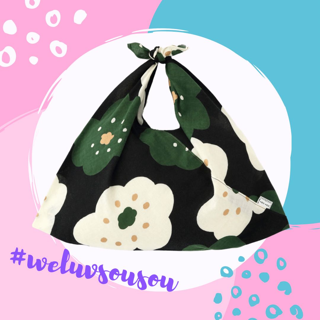 現貨！日本製 SOU・SOU 伊勢木棉 小巾折 微笑 花 黑色 手提袋 購物袋 shopping bag 環保袋, 女裝, 手袋及銀包, Tote Bags - Carousell