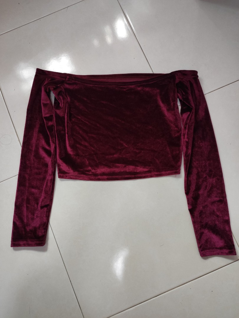 Scarlet / Maroon Red Velvet Off Shoulder Long Sleeve Crop Top, Women's ...