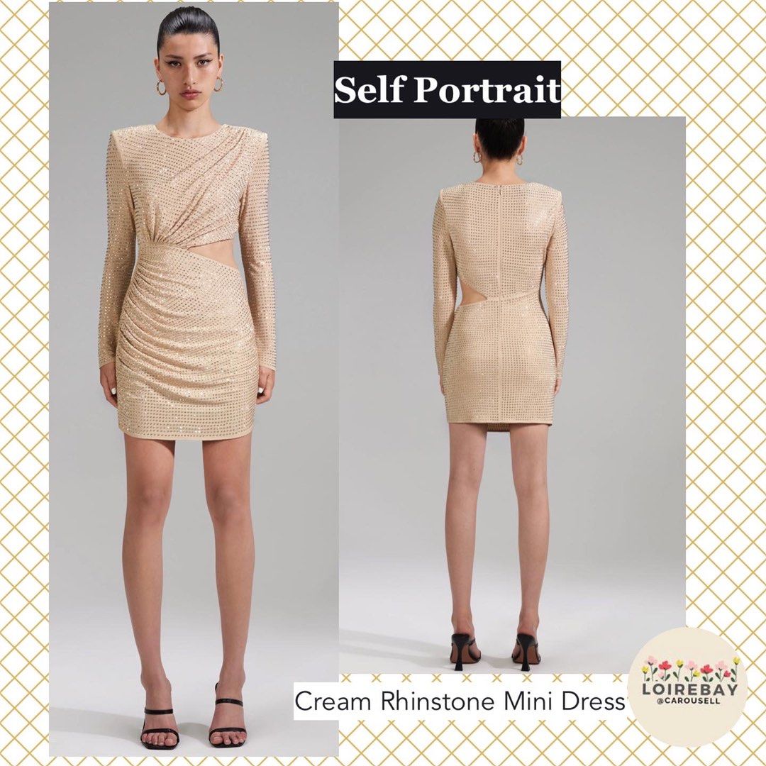 Self Portrait Cream Rhinestone Mini Dress beige, Women's Fashion ...