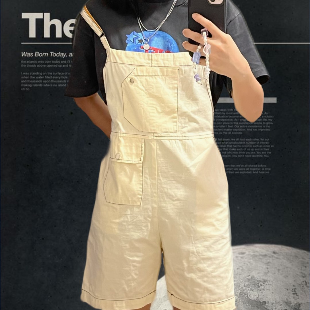 ulzzang korean light yellow denim overalls romper cute aesthetic, Women ...