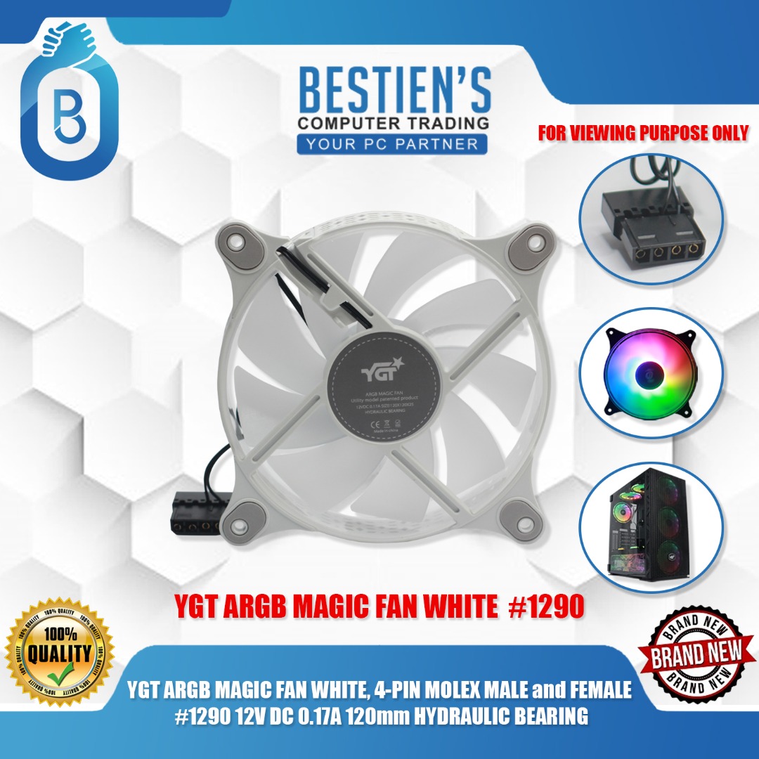 YGT ARGB MAGIC FAN WHITE, 4-PIN MOLEX MALE and FEMALE, #1290 12V DC 0 ...