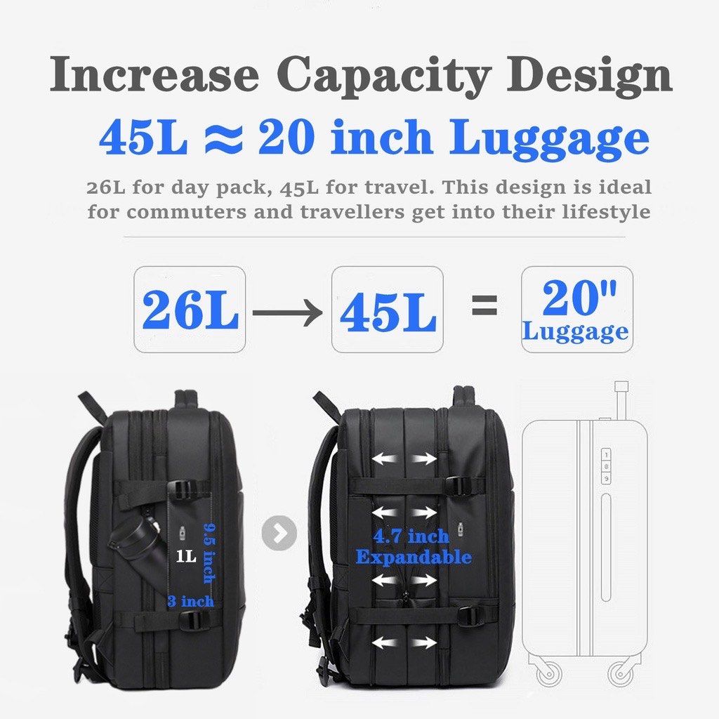 Expandable Travel 45L liter Mens Backpack Cabin Laptop Bag, Men's ...