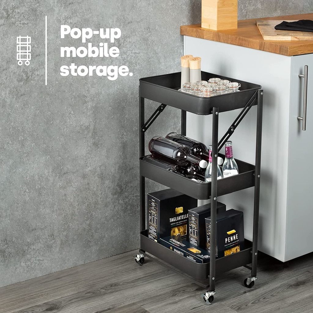 Multi-purpose Foldable 3 Tier Storage Trolley Rolling Cart Home ...