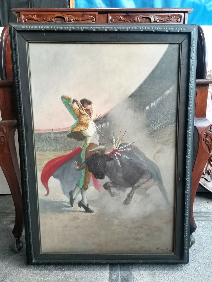 Vintage 36 x 24 inches Matador and Bull Oil on Canvass Painting Signed ...