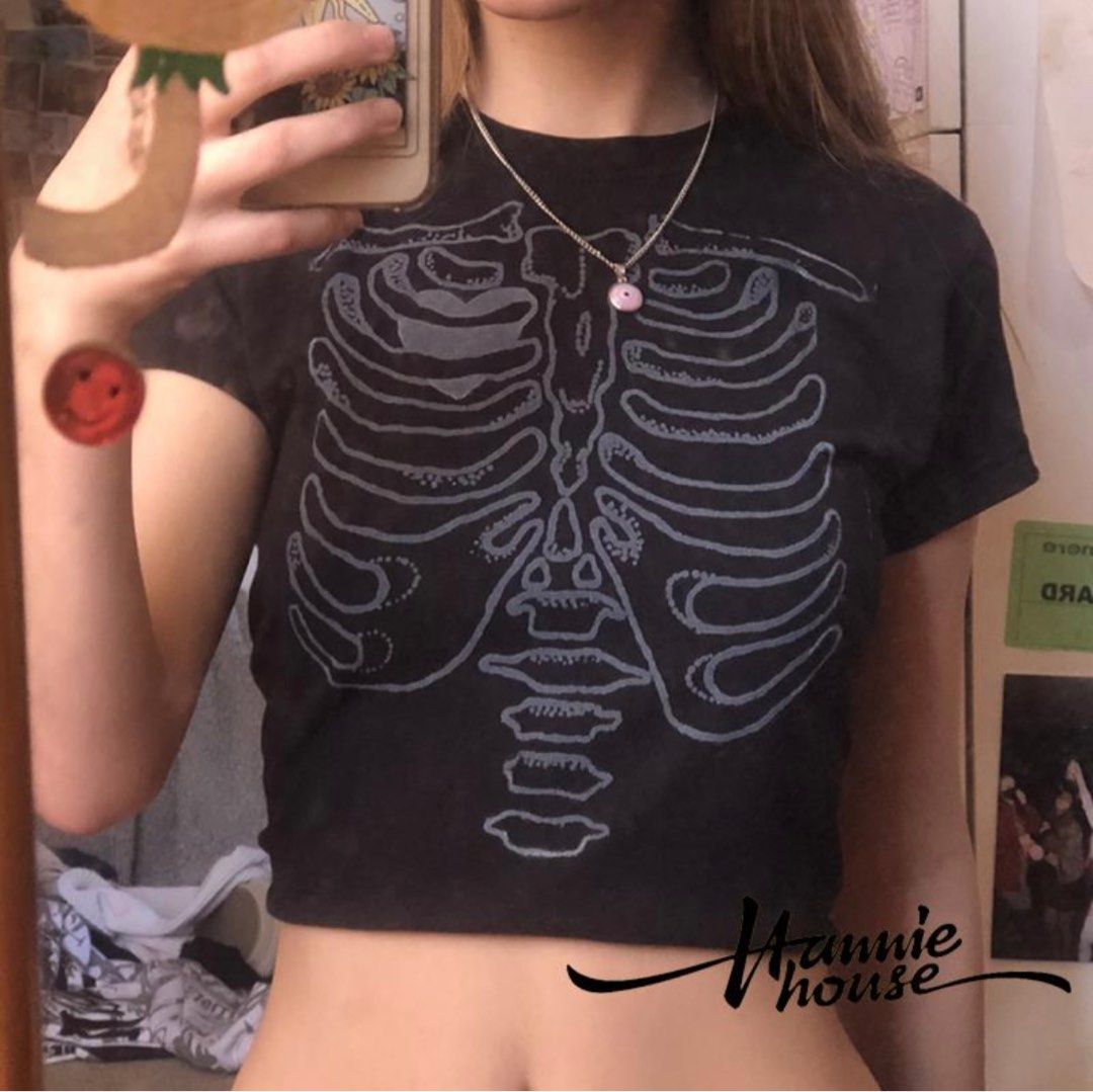 y2k black skeleton crop top, Women's Fashion, Tops, Shirts on Carousell