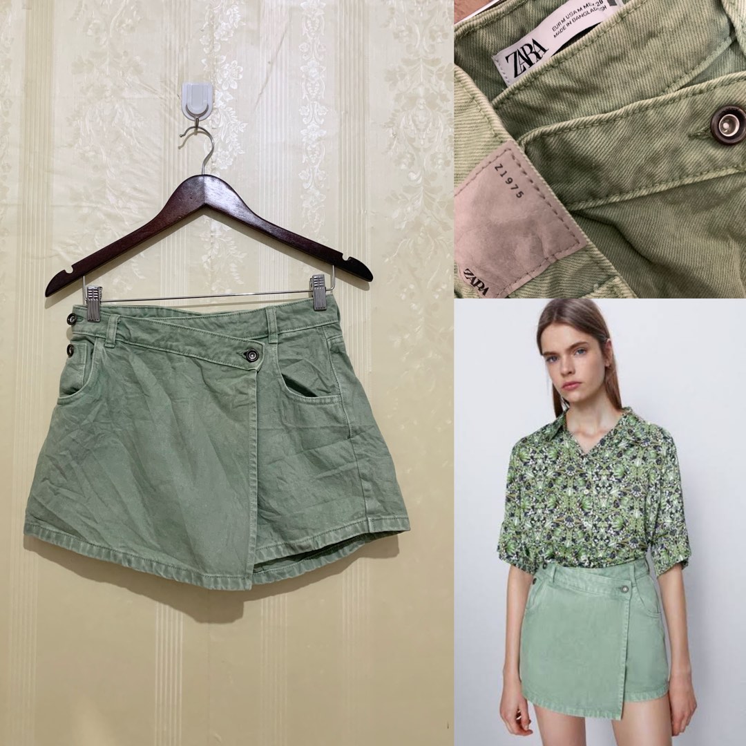 Zara green denim skorts, Women's Fashion, Bottoms, Shorts on Carousell