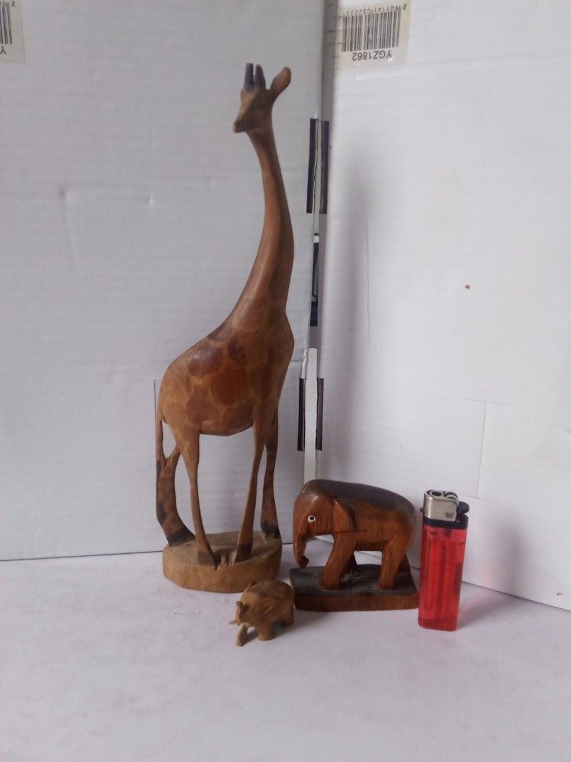 3 Units Wooden Animals Craft Figures (African Giraffe & Elephants ...