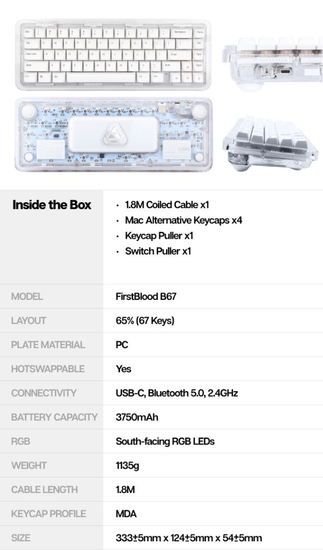 FirstBlood B67 Full Acrylic Gasket Mount Mechanical Keyboard, Computers ...