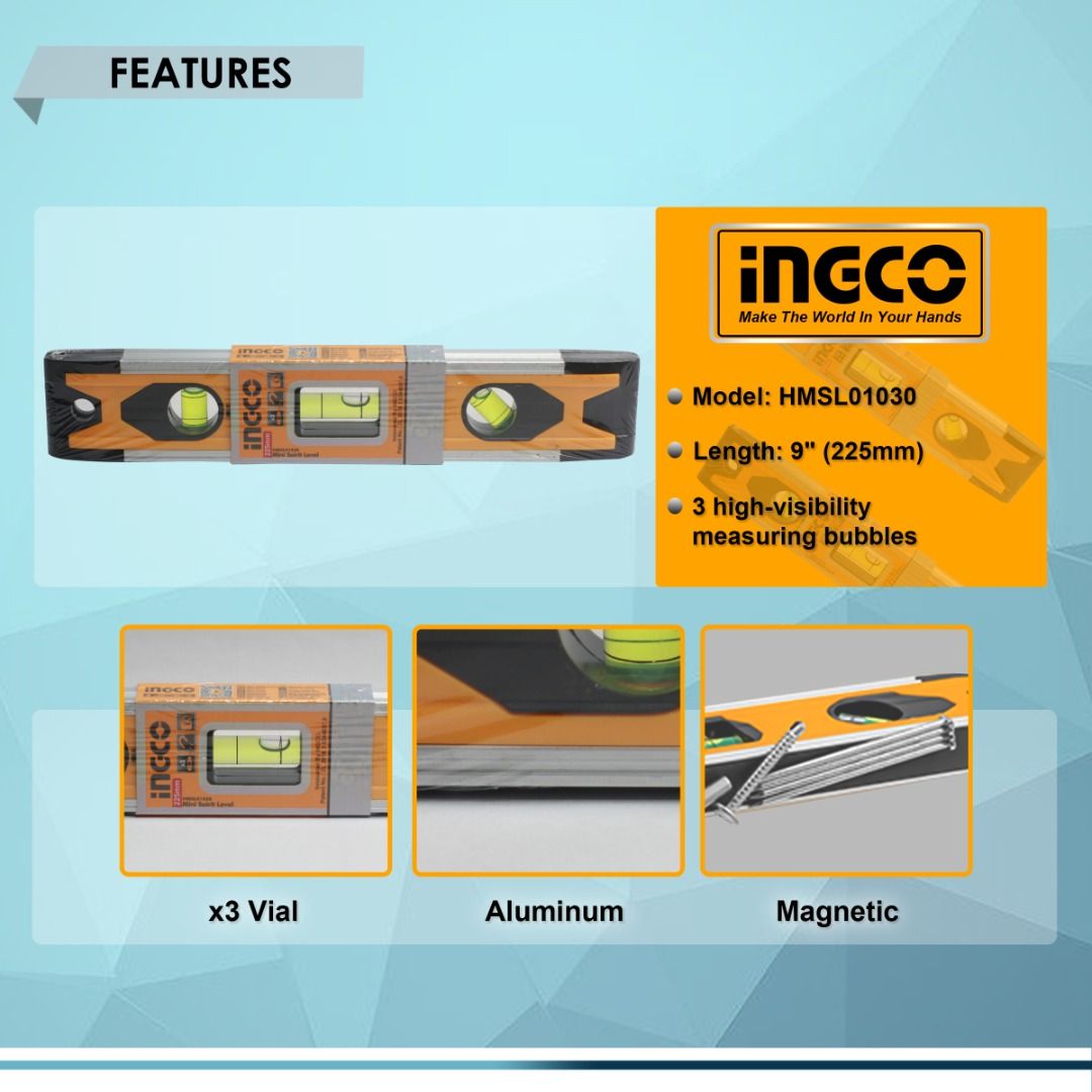INGCO MAGNETIC MINI SPIRIT LEVEL, HMSL01030 225mm (9inc) ALUMINUM, 3 ...