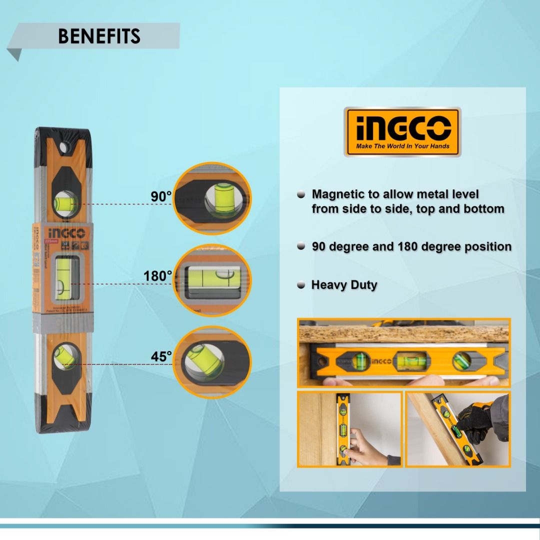 INGCO MAGNETIC MINI SPIRIT LEVEL, HMSL01030 225mm (9inc) ALUMINUM, 3 ...