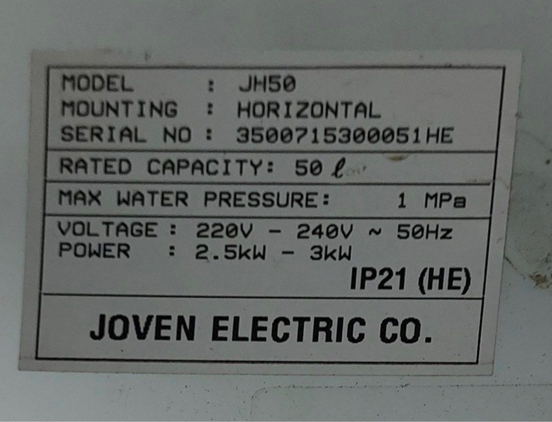 Joven Electric JH50 water heater, TV & Home Appliances, Water Heater ...