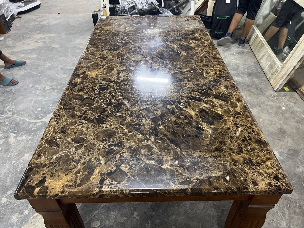 Marble Top Pattern Wooden Frame 8 Seater Dining Table set with 6 Chairs ...