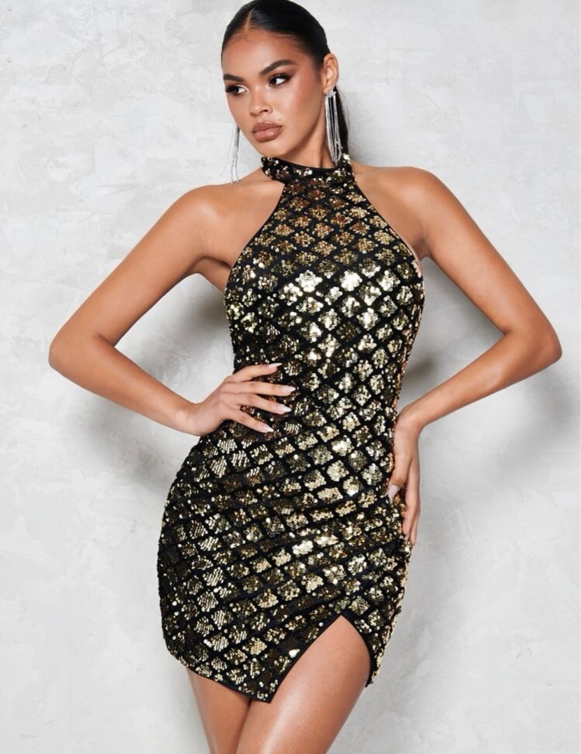 Mermaidcore Sequin Black Gold dress, Women's Fashion, Dresses & Sets ...