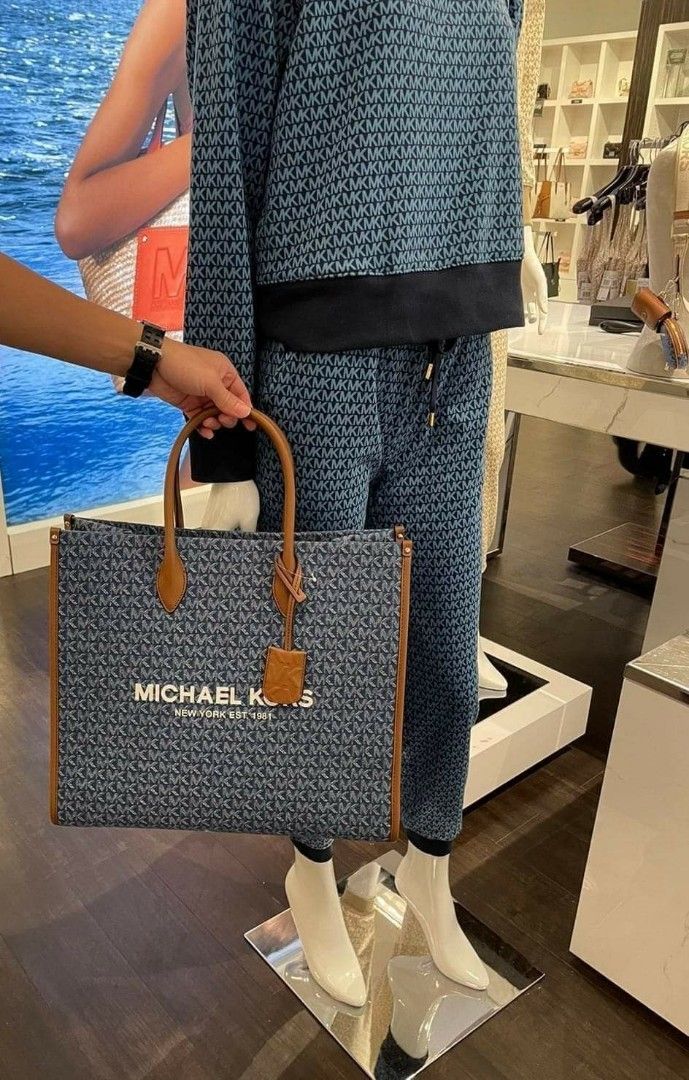 Michael Kors Mirella Large Logo Jacquard Tote Crossbody Bag Denim Blue ...